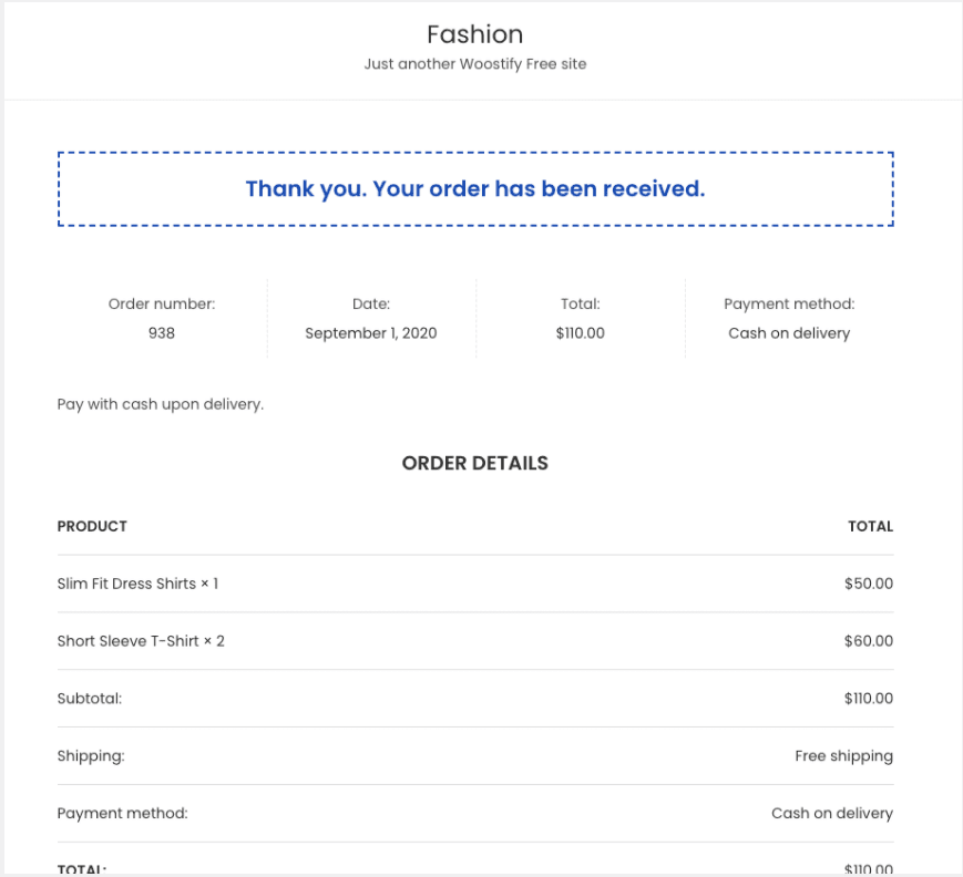 Woocommerce thank you page store